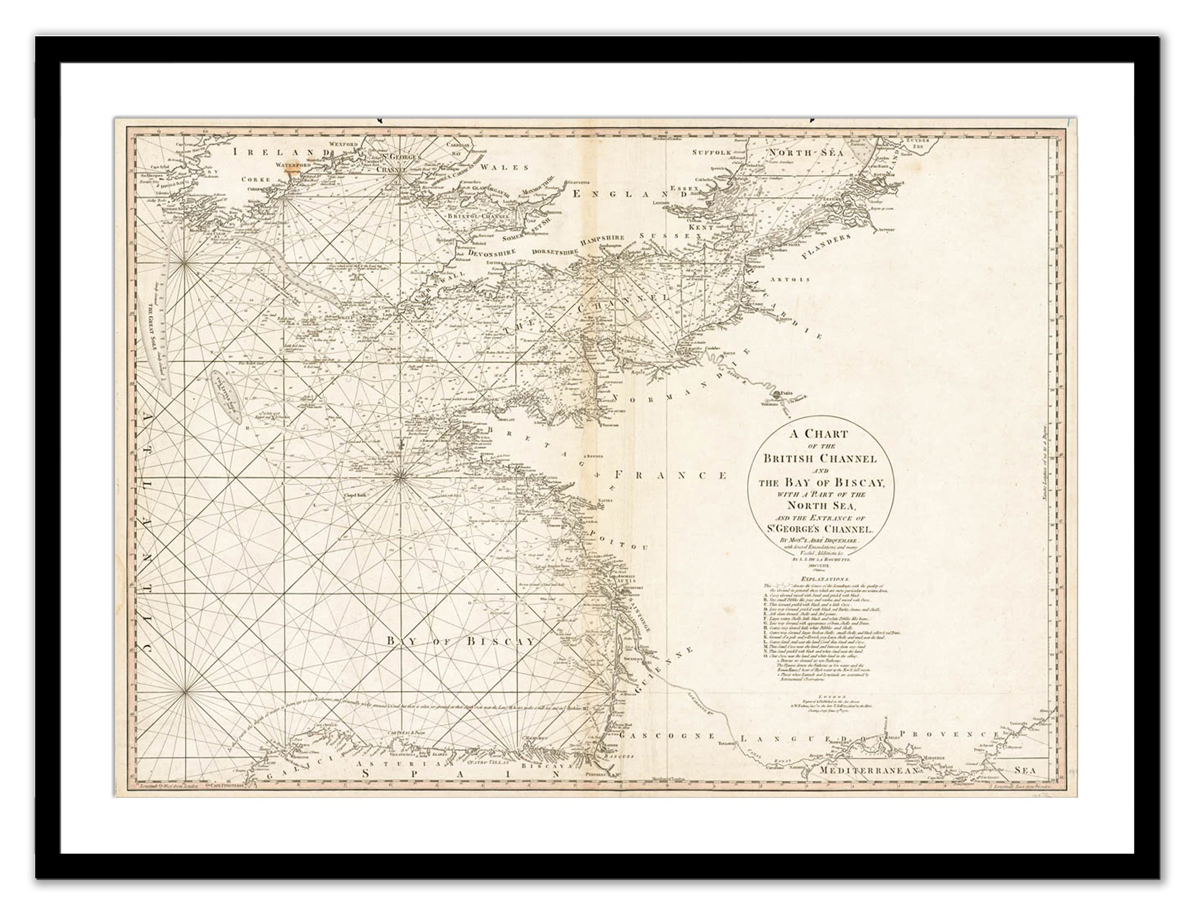 Framed Vintage Nautical Chart - The British Channel and The Bay of Bis ...