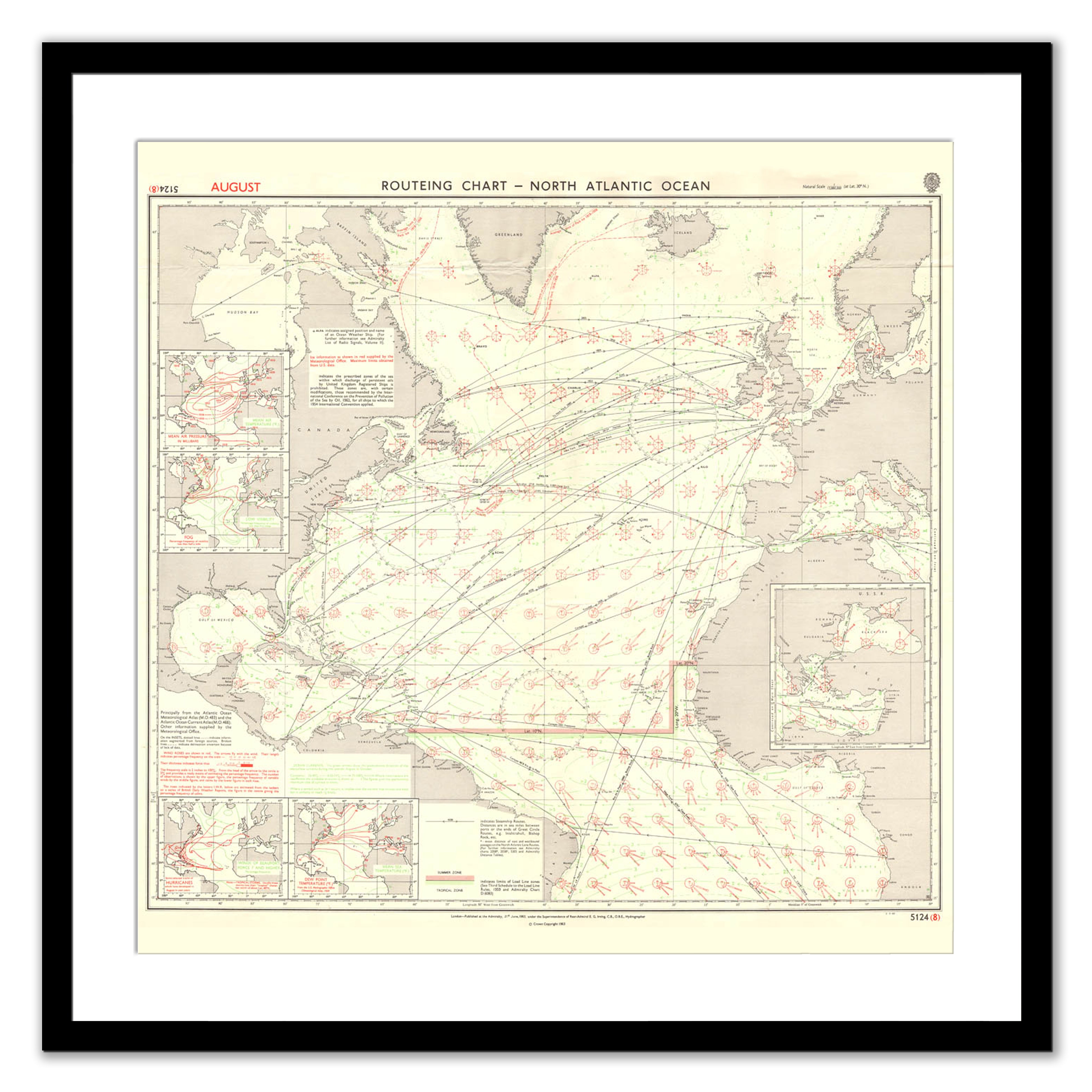 Framed Vintage Nautical Chart - Admiralty Chart 5124 - North Atlantic ...