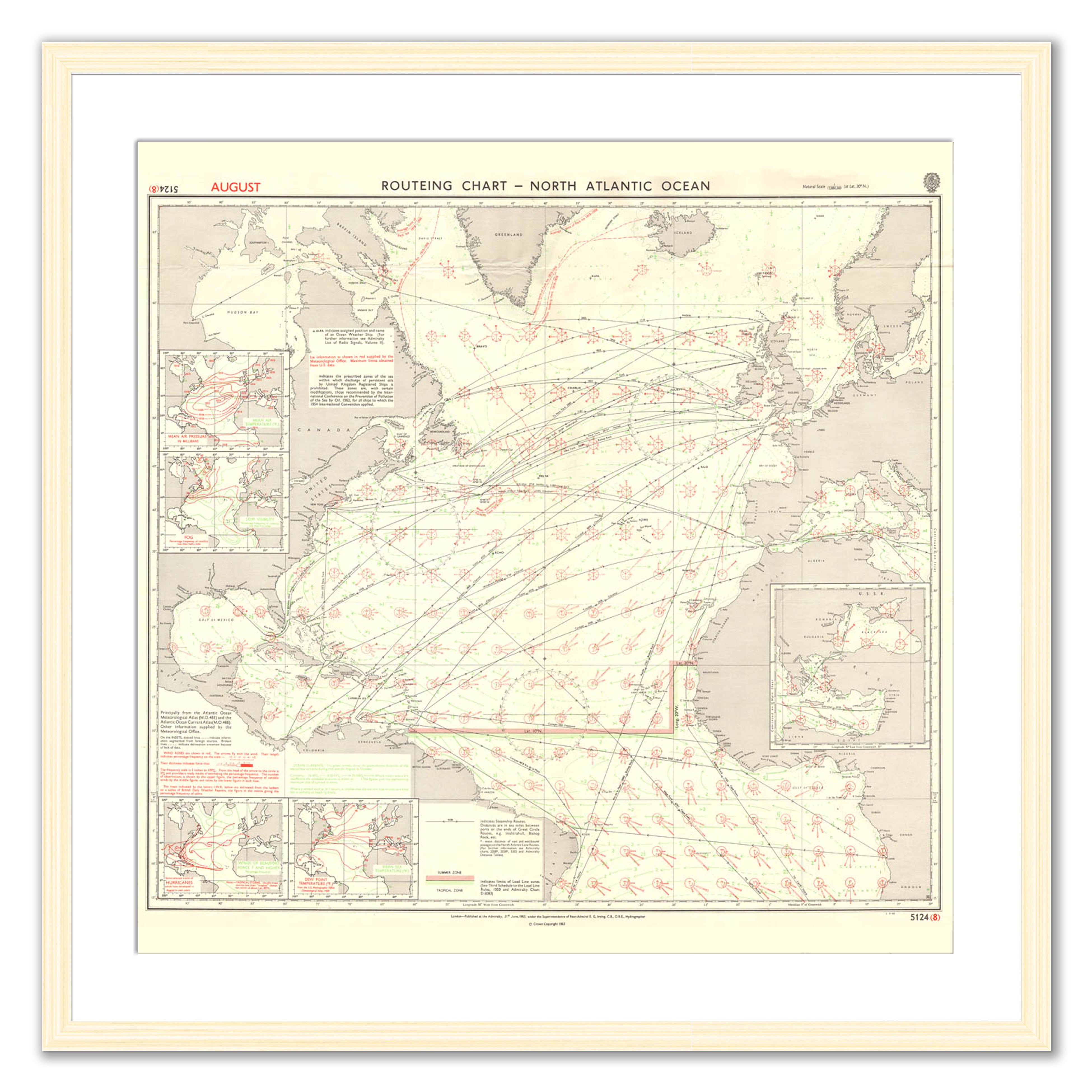 Framed Vintage Nautical Chart - Admiralty Chart 5124 - North Atlantic ...